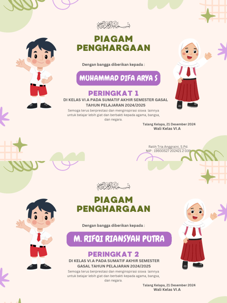 Piagam Penghargaan Siswa Berprestasi VI.A | PDF