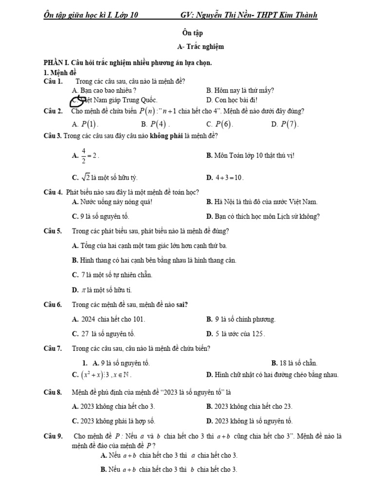 Đề Ôn Tập GKI - Toán 10 | PDF