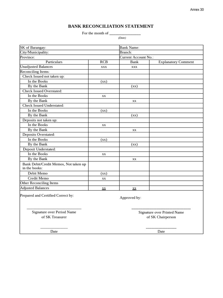 SK Bank Reconciliation Statement Format | PDF