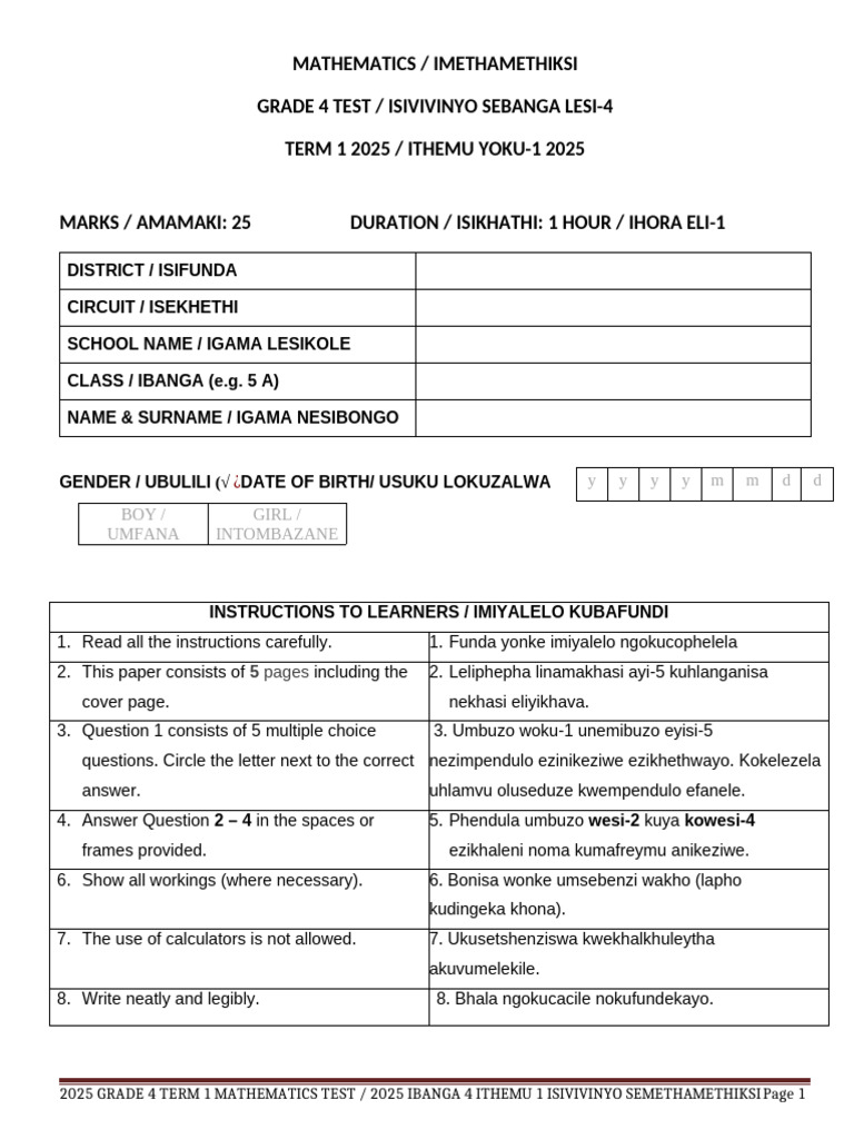 GRADE 4 MATHEMATICS TEST TERM 1 2025 - ISIZULU_080619 | PDF | Mathematics