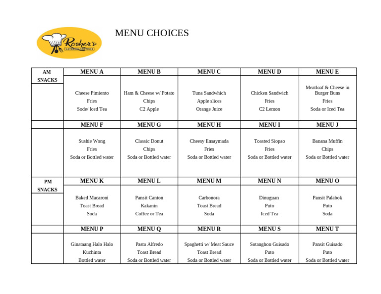 AM/PM Menu and Snack Options | PDF