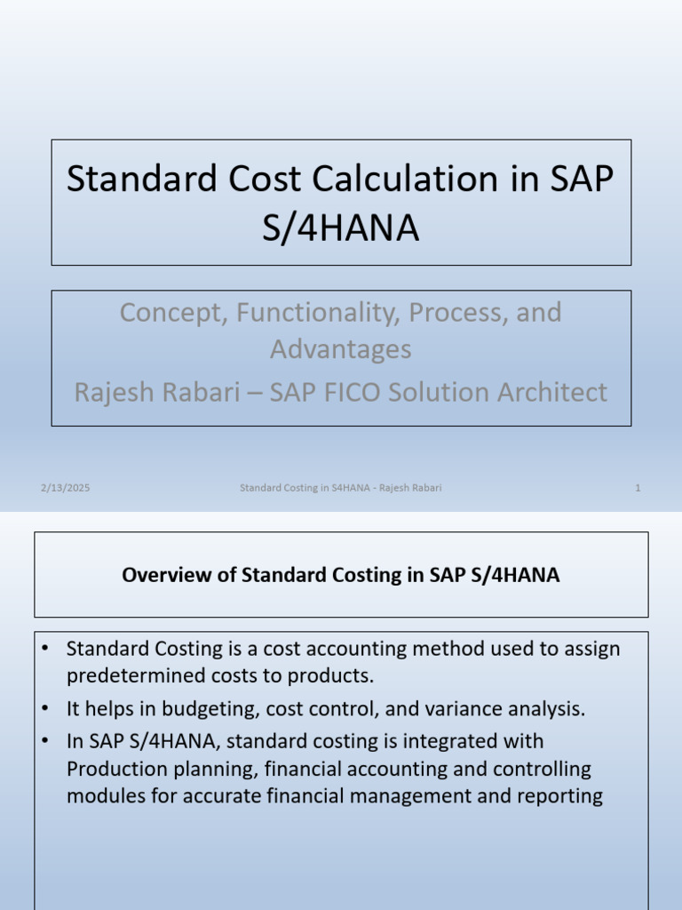 Standard Costing in SAP S/4HANA Overview | PDF | Valuation (Finance ...