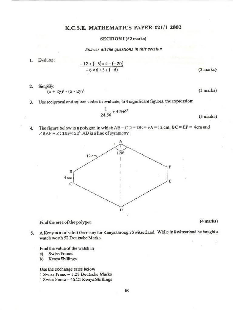 KCSE-2002-MATHEMATICS-PAPER-1 | PDF