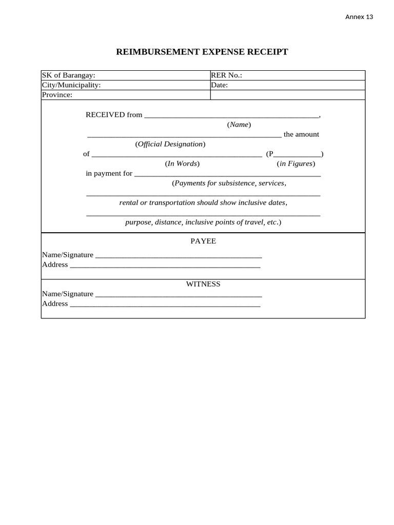 Reimbursement Expense Receipt Template | PDF
