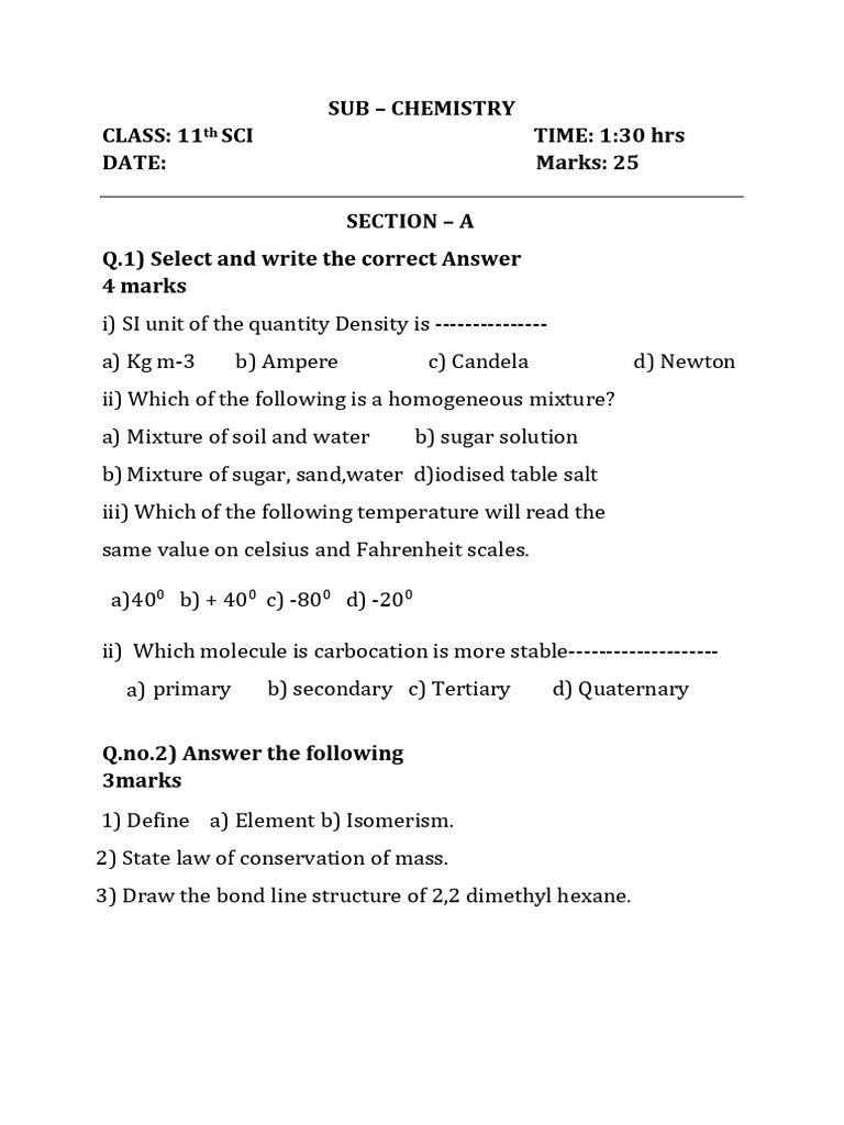 Class 11 Chemistry Unit Test Paper | PDF | Molecules | Fahrenheit