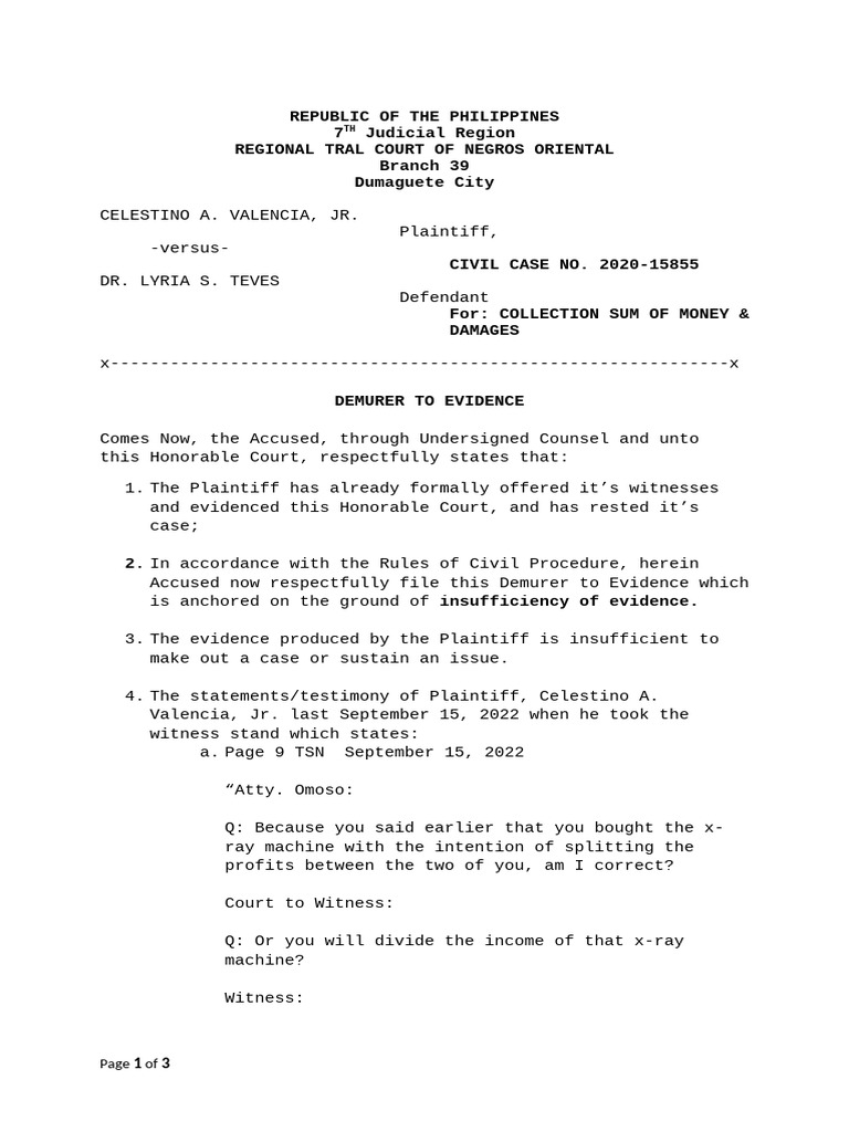 TEVES-DEMURER-TO-EVIDENCE-12-6-22 | PDF | Common Law | Justice