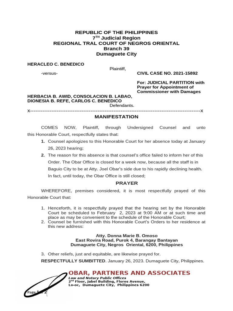 Manifestation For Reschedule Hearing | PDF | Judiciaries | Legal Action