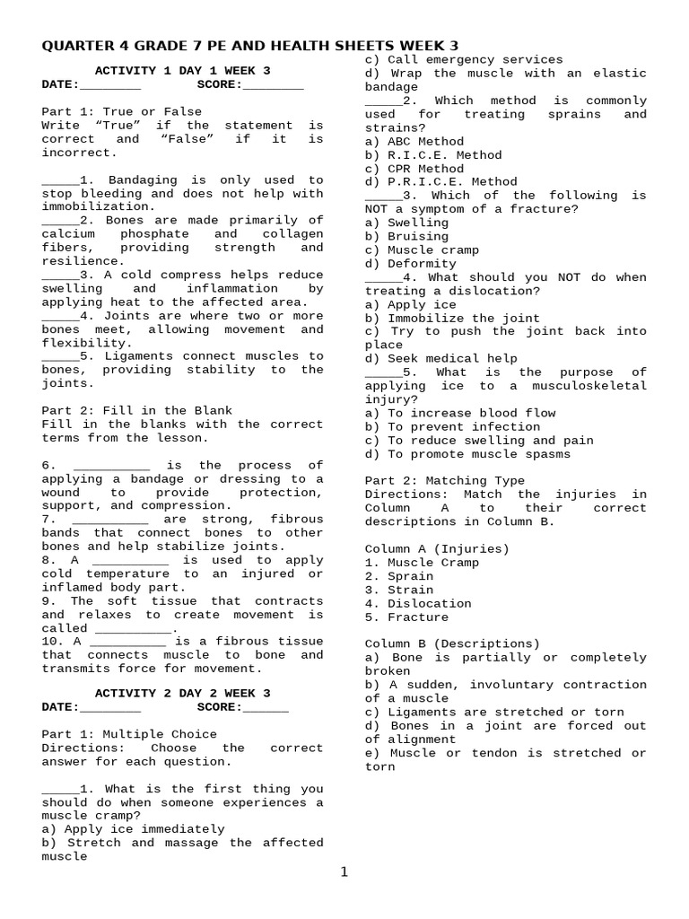 Activity Sheets in Peh 7 Week 3 Q4 | PDF | Musculoskeletal System | Diseases And Disorders