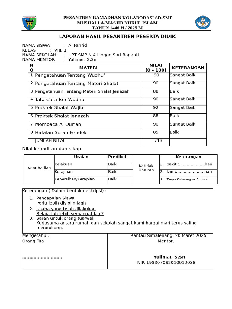 Rapor Pesantren Al Fahrid | PDF