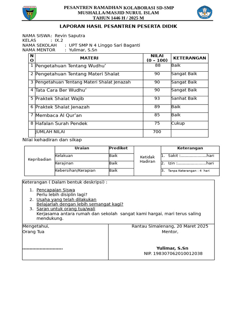 Rapor Pesantren Revin Saputra | PDF