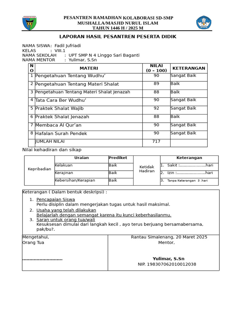 Rapor Pesantren Fadil | PDF