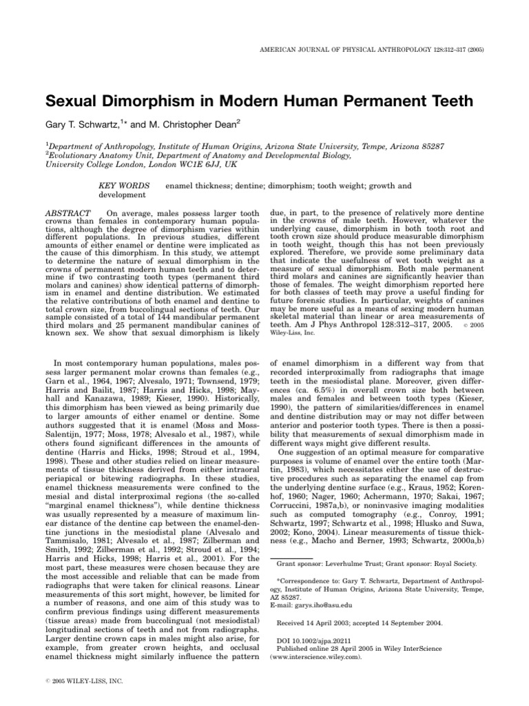 Sexual Dimorphism in Modern Human Permanent Human Teeth | PDF | Tooth ...