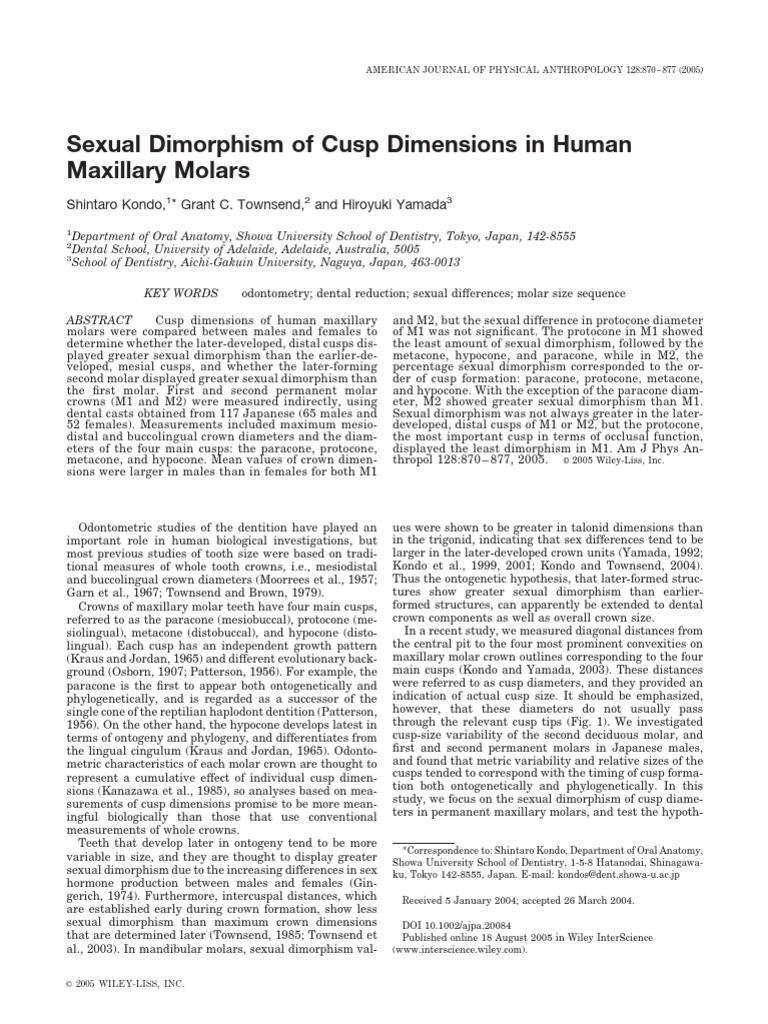 Sexual Dimorphism of Cusp Dimensions in Human | PDF | Dentistry ...