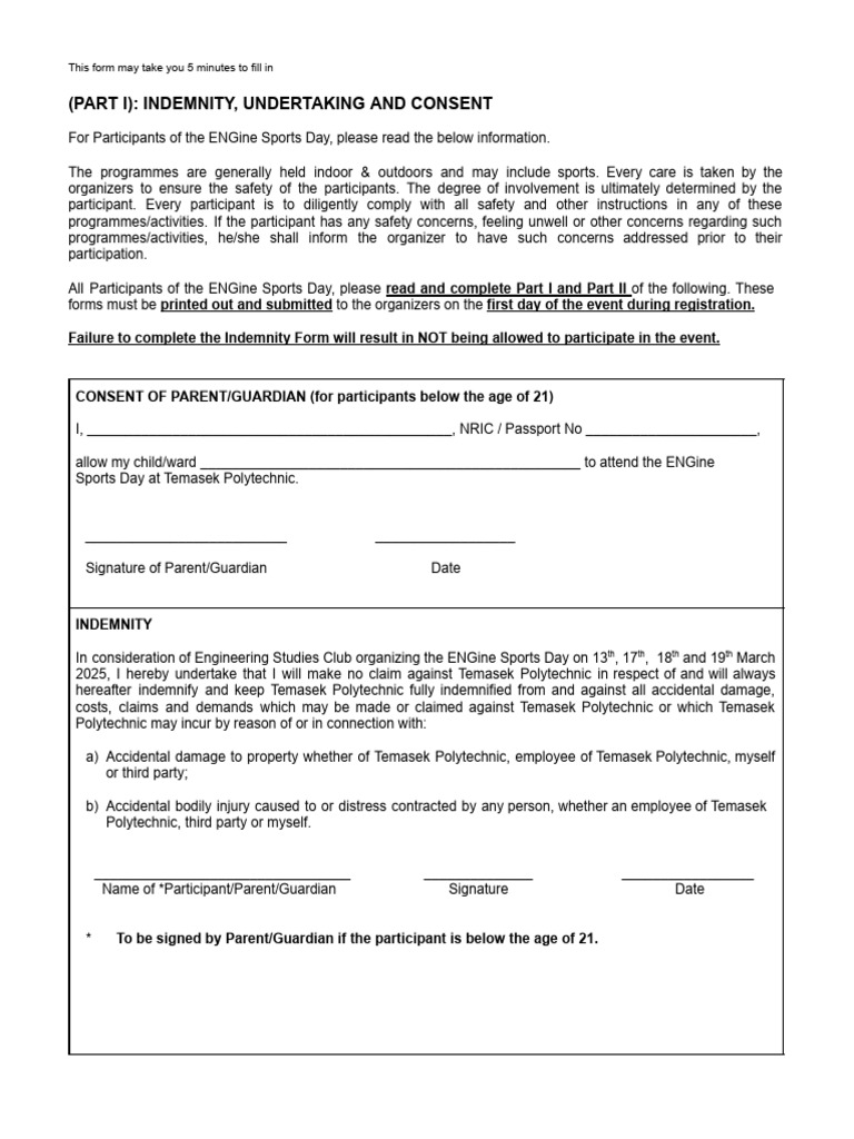 ESC ENGine Sports Day Indemnity Form | PDF | Indemnity | Health Care