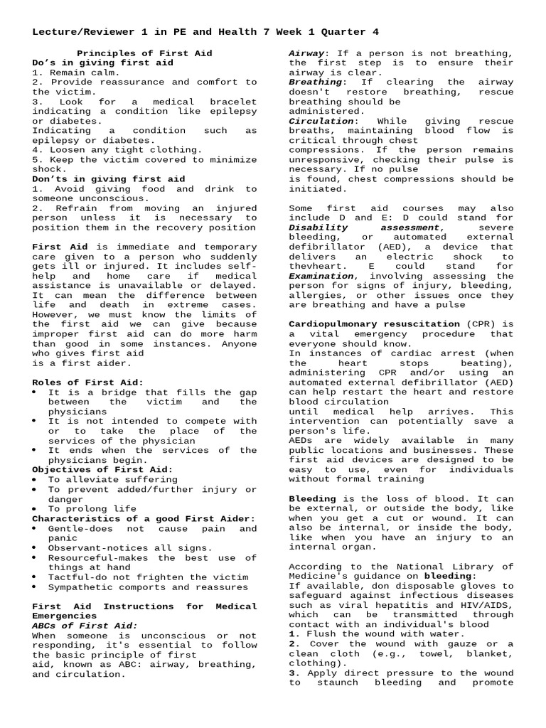 Lecture - Reviewer 1 PEH Q4 | PDF | First Aid | Cardiopulmonary Resuscitation