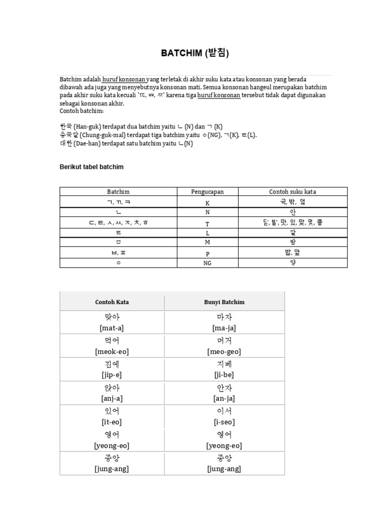 BAHASA KOREA BATCHIM (받침) | PDF