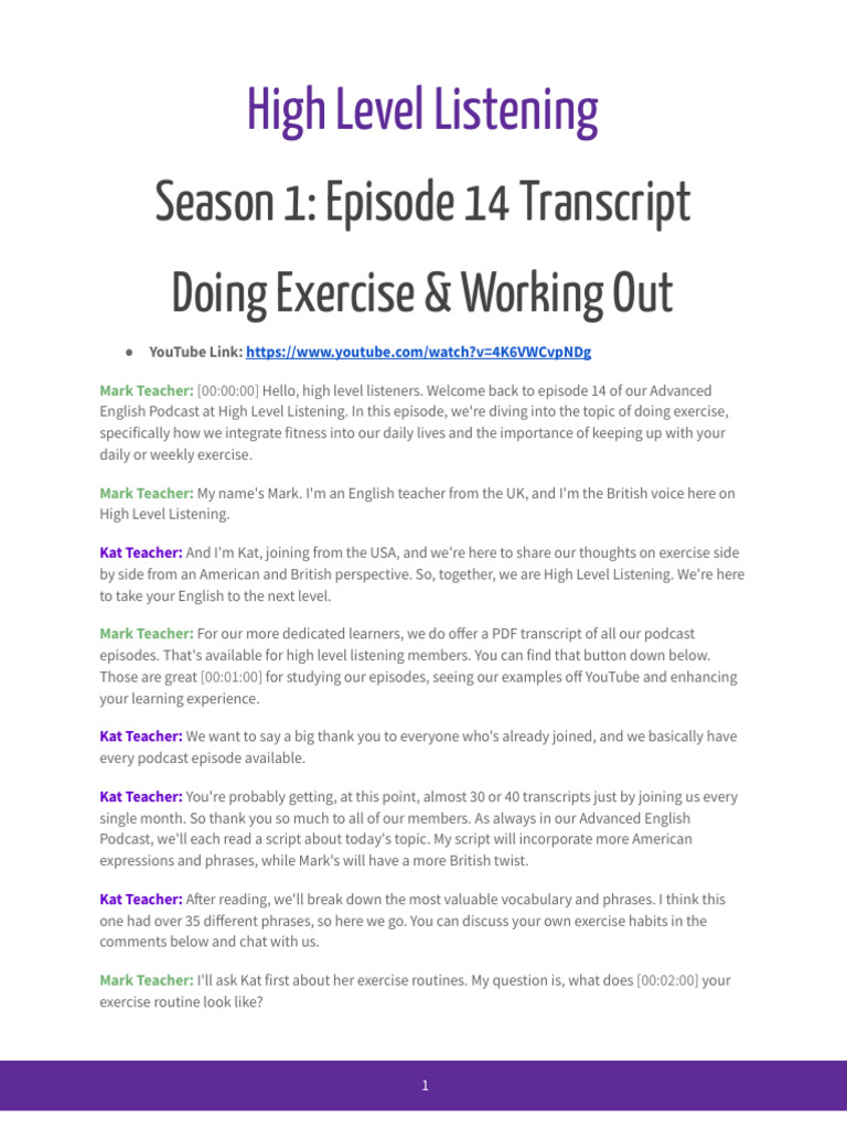 S1 E14 Doing Exercise - Transcript PDF | PDF | Strength Training ...