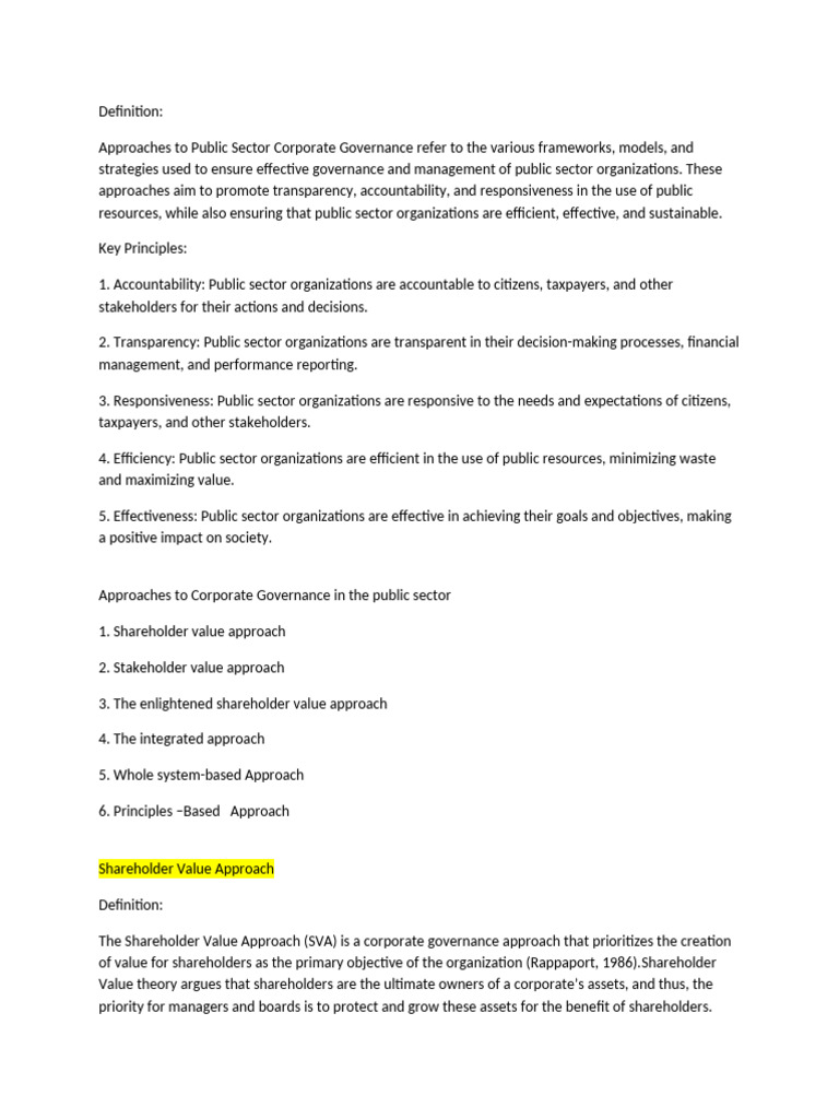 Introduction and Shareholder value approach | PDF | Governance ...