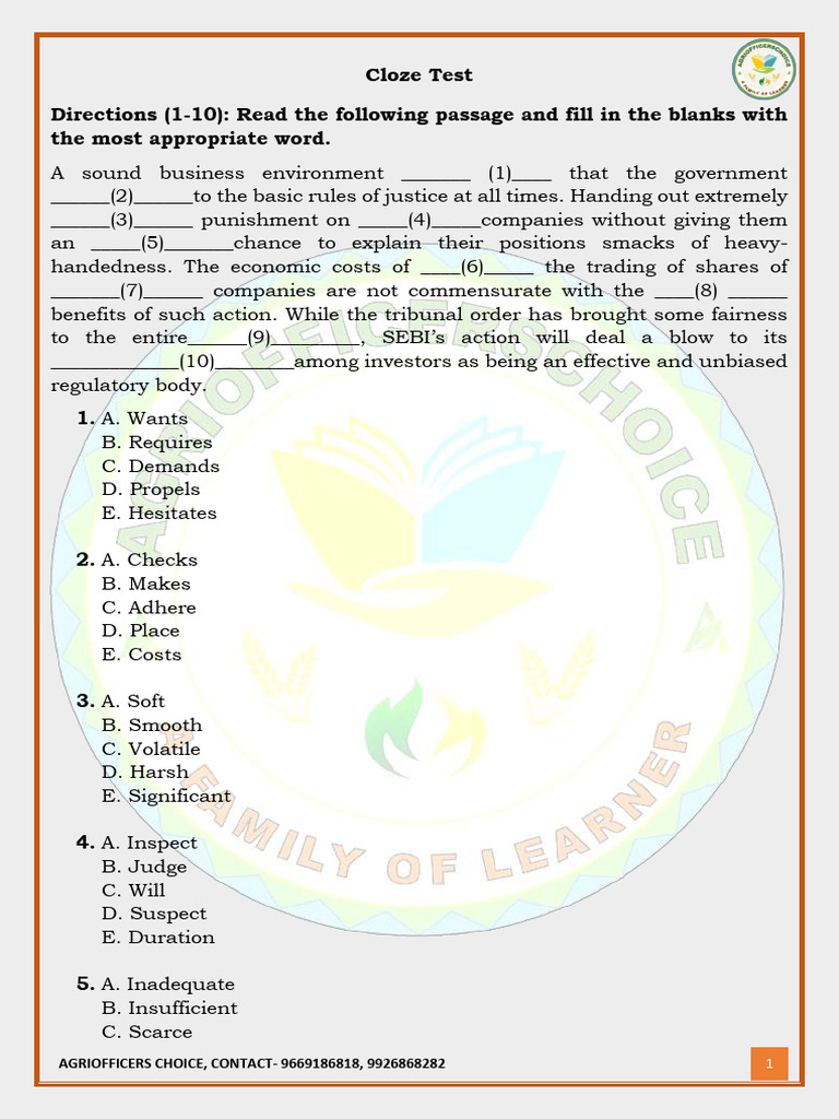 IBPS SO Cloze Test Practice | PDF