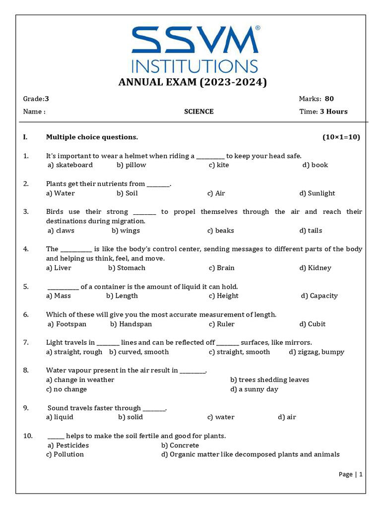 G3 - SCI - QP- SET 1 - ANNUAL EXAM | PDF | Soil | Sky