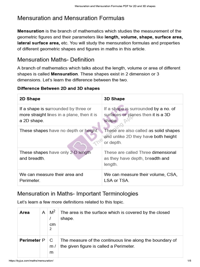 Mensuration and Mensuration Formulas PDF | PDF | Area | Shape