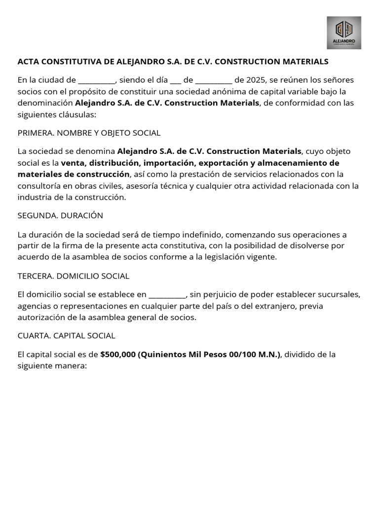 ACTA CONSTITUTIVA DE ALEJANDRO S.A. DE C.V. CONSTRUCTION MATERIALS | PDF | Sociedad de ...