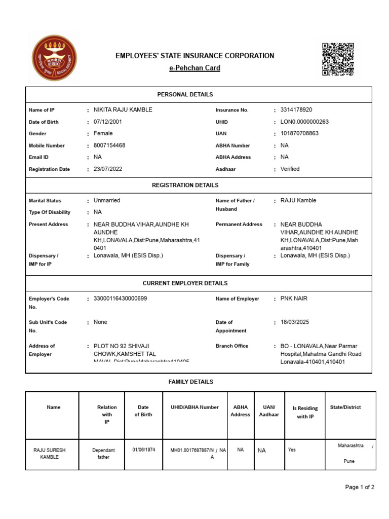 Employees' State Insurance Corporation E-Pehchan Card: Personal Details ...