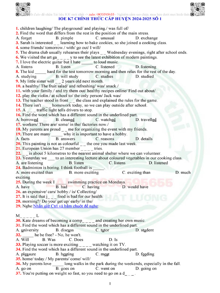 Ioe k7 Chinh Thuc Cap Huyen 2024-2025 Ca1 | PDF