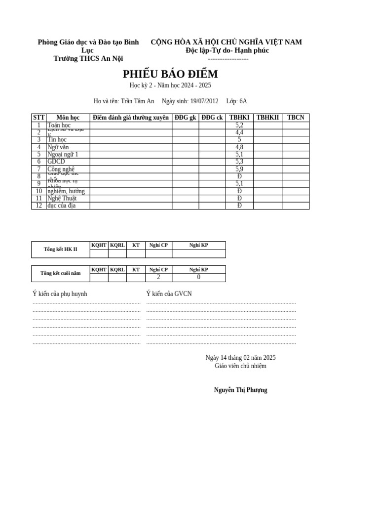 Phieu Bao Diem 6a 1739532727 | PDF