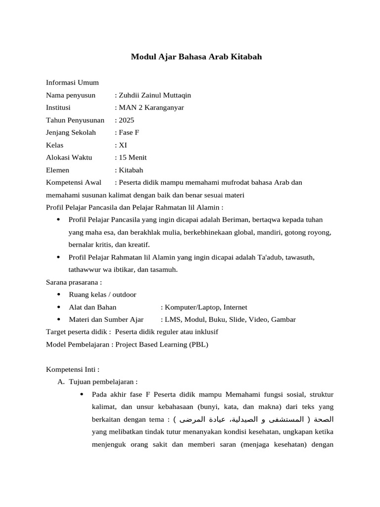 Modul Ajar Kitabah Bahasa Arab Kesehatan | PDF