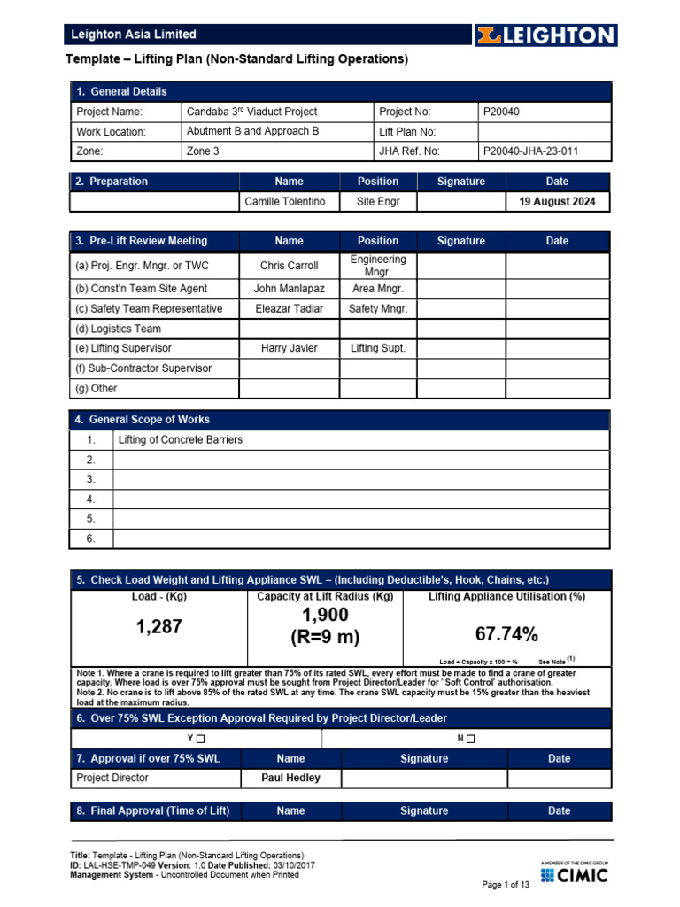 Non-Standard Lifting Plan Template | PDF | Crane (Machine)
