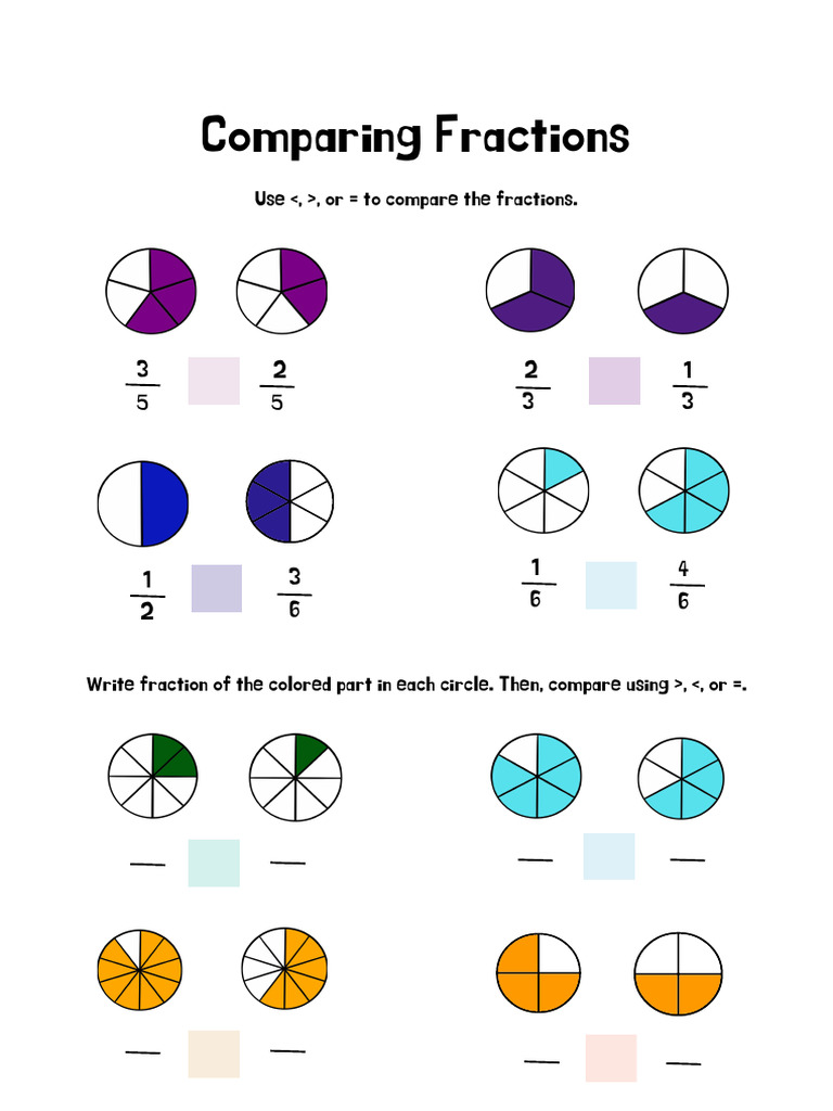 Colourful Shapes Comparing Fractions Math Worksheet | PDF
