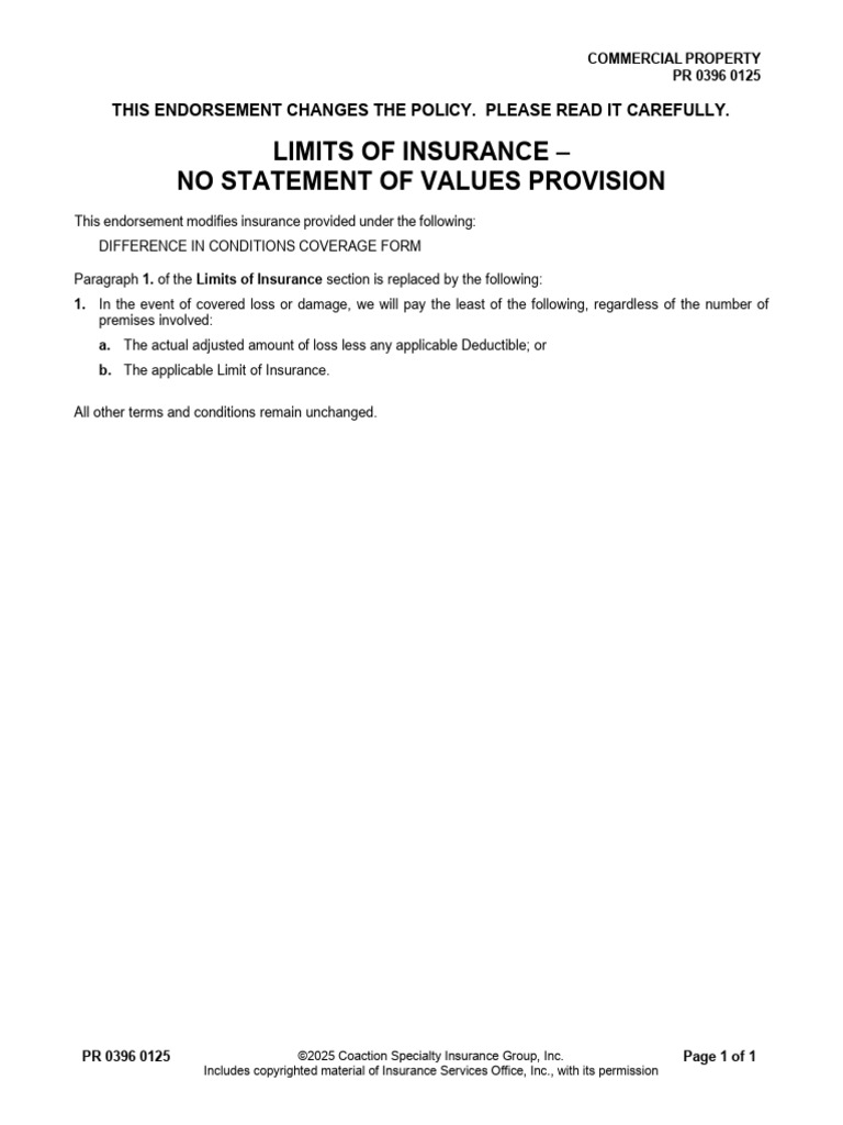 PR 0396 0125 Limits of Insurance - No Statement of Values Provision | PDF