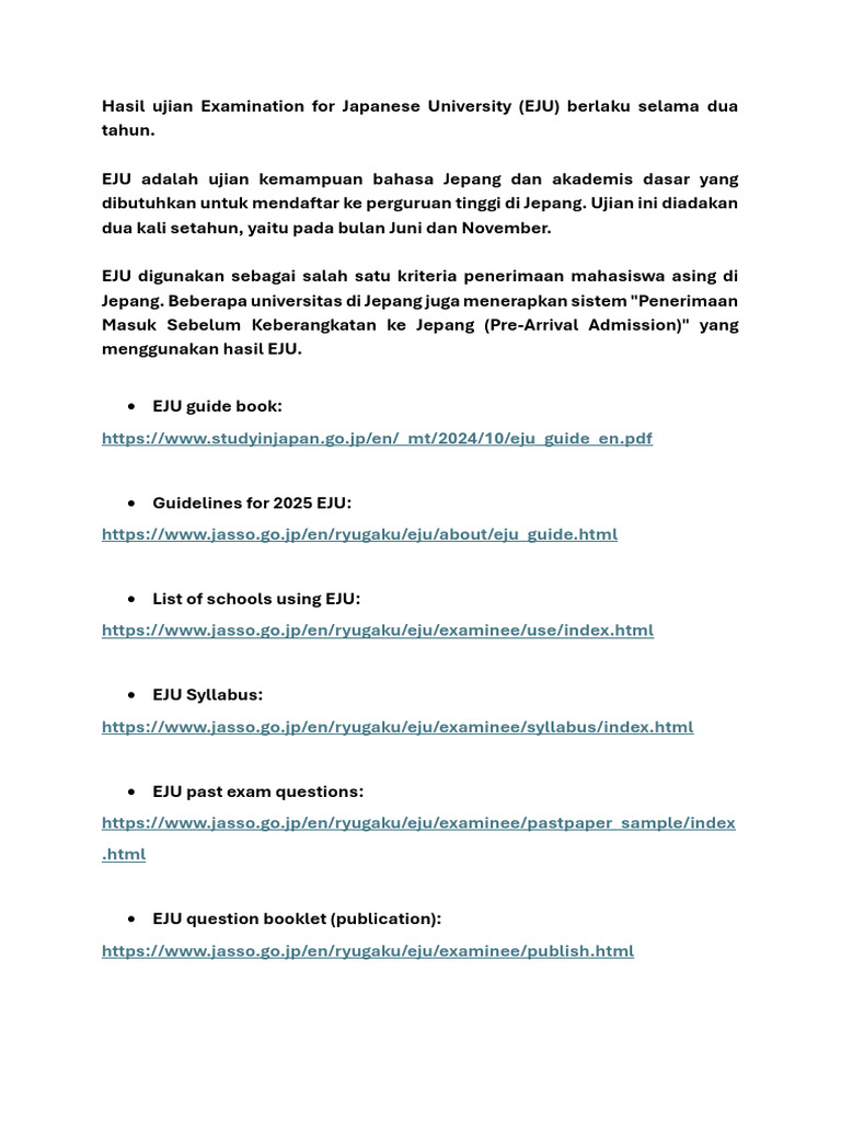 Detail Info Tentang EJU (Examination For Japanese University) | PDF