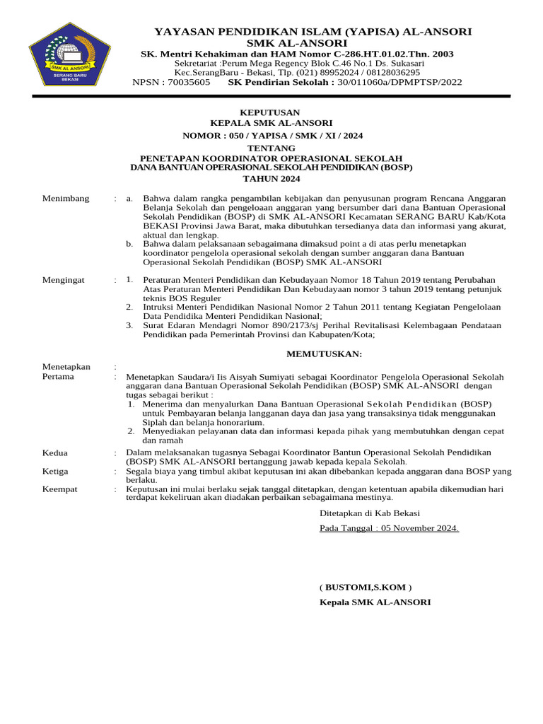 Contoh SK - Koordinator - Bosp Tahun 2024 | PDF