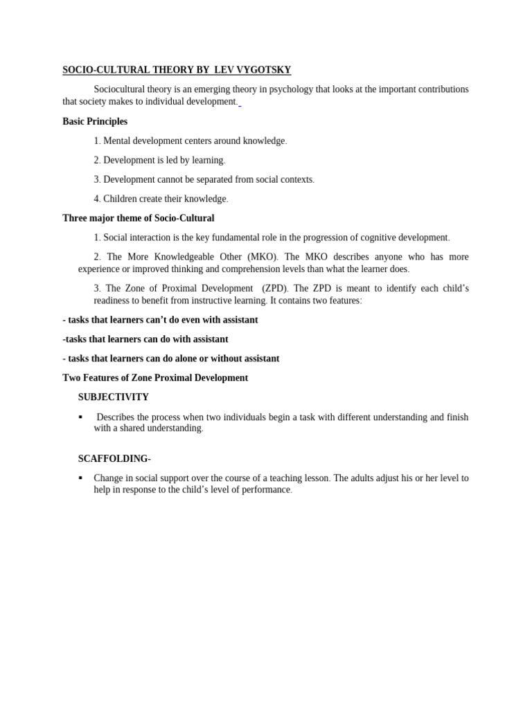 Socio Cultural Theory by Lev Vygotsky | PDF