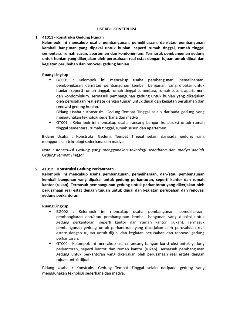 List Kbli Konstruksi | PDF