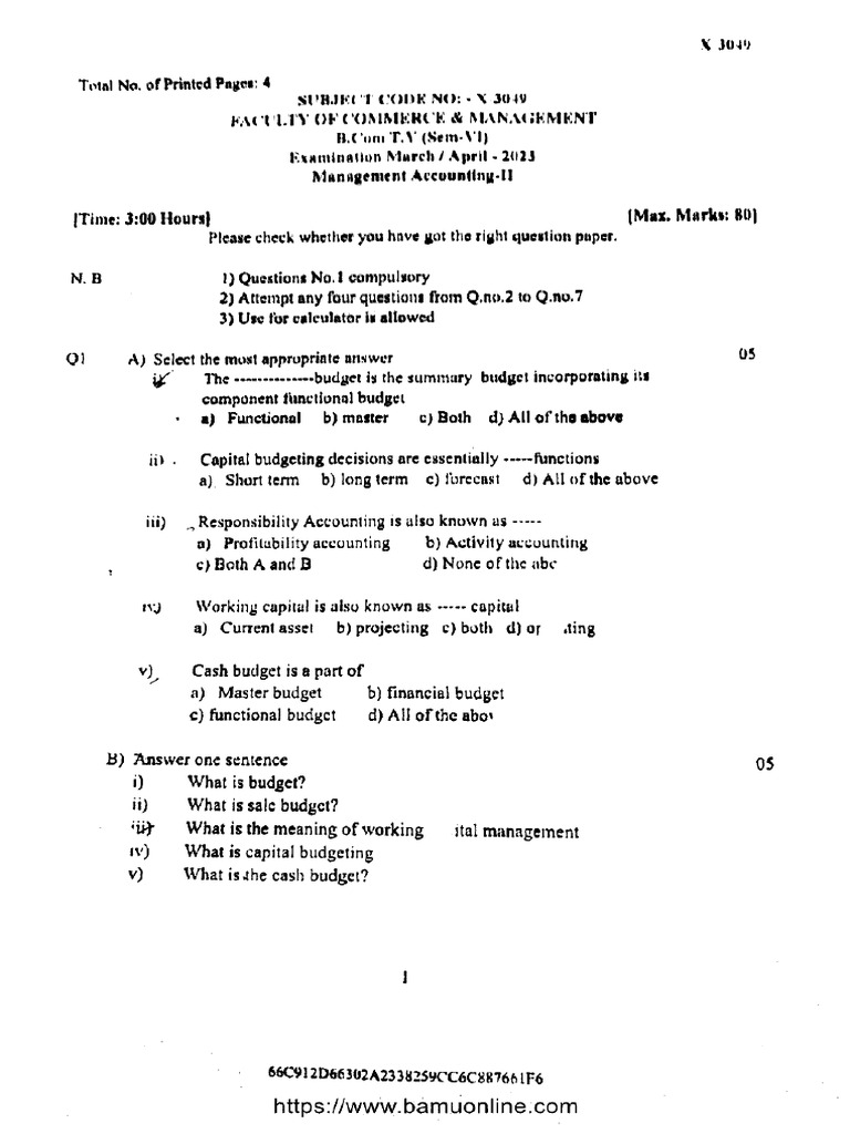 Bcom 6 Sem Management Accounting 2 X 3049 Apr 2023 | PDF