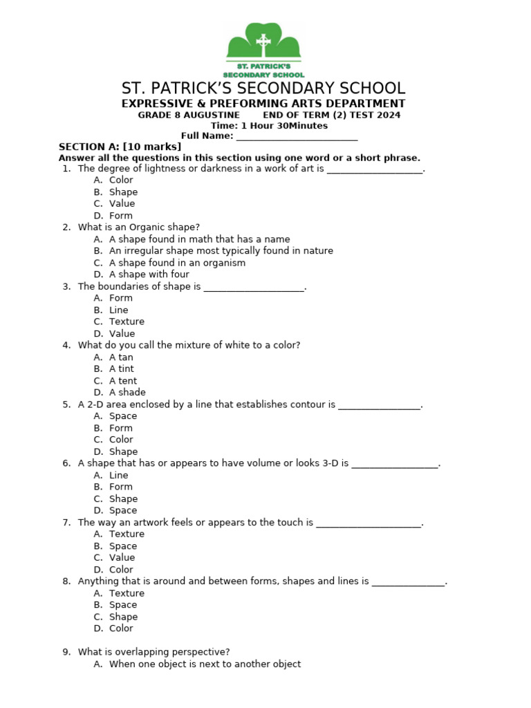 Grade 8 End of Term Test 2024 | PDF | Color | Vision