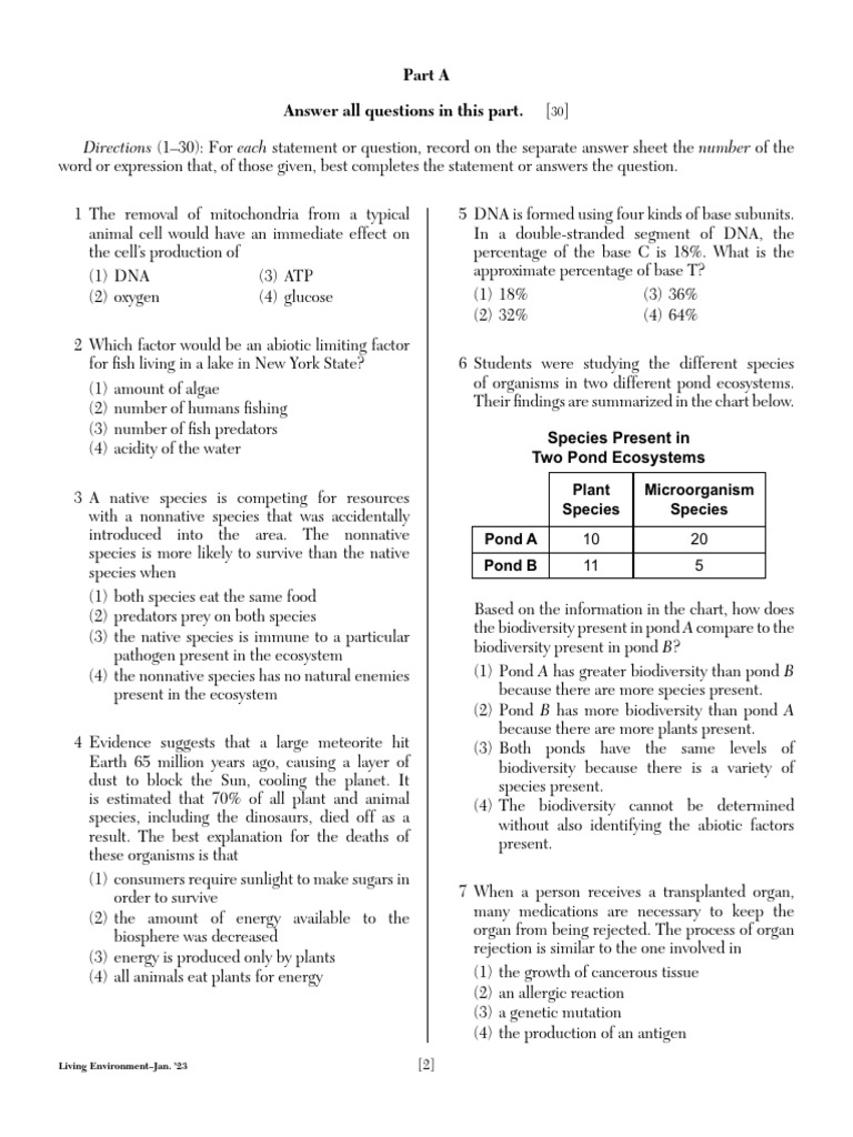 Living Environment Exam Questions - Jan '23 | PDF | Epigenetics | Gene