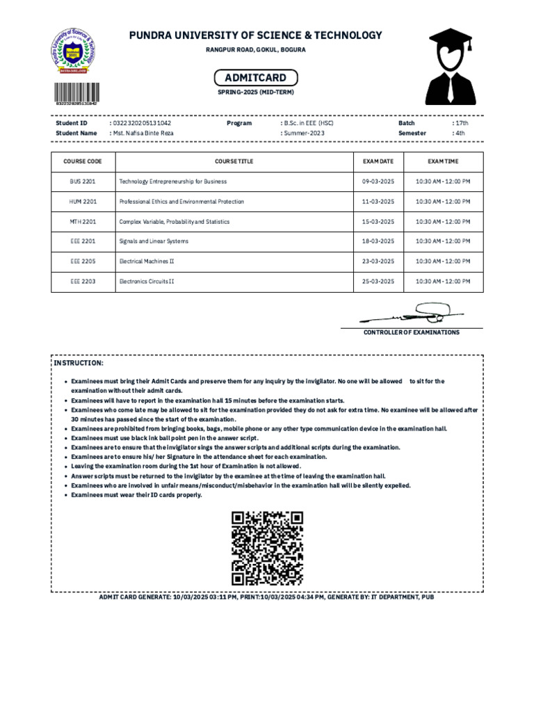 Pundra University Admit Card Spring 2025 | PDF | Electrical Engineering ...
