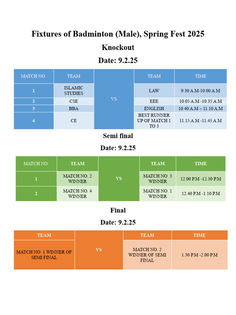 Spring Fest Badminton Fixtures-1 | PDF | Sports Competitions | Sports