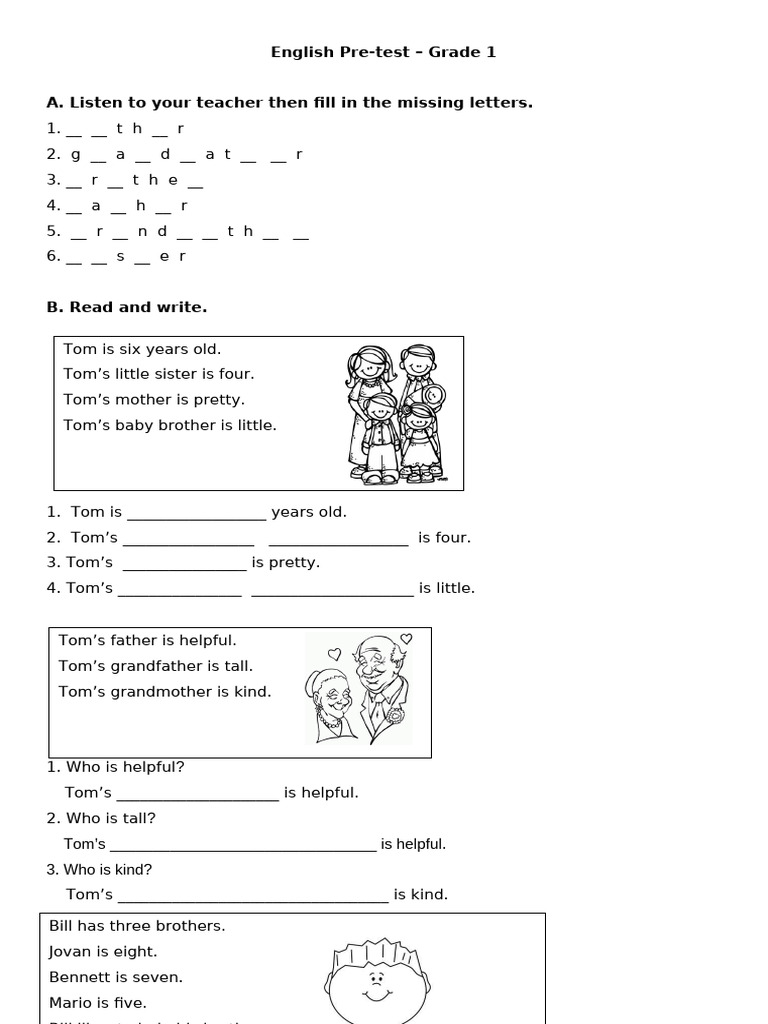 English Pre. Test GR 1. Reading and Understanding | PDF