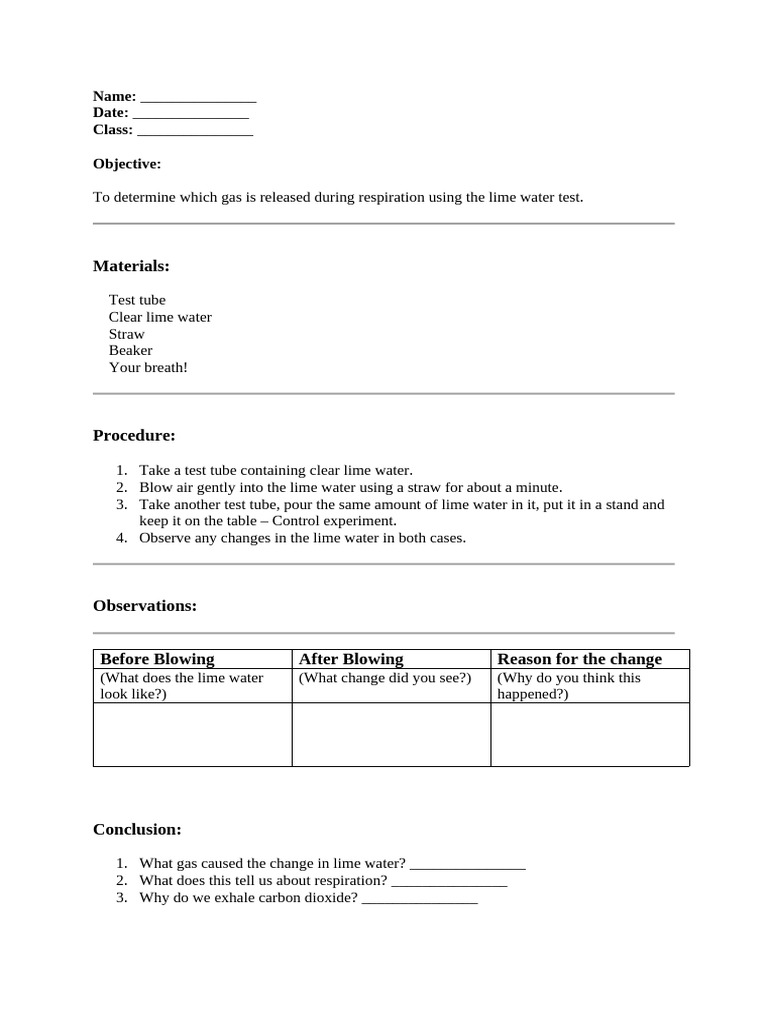 Lime Water Respiration Experiment | PDF
