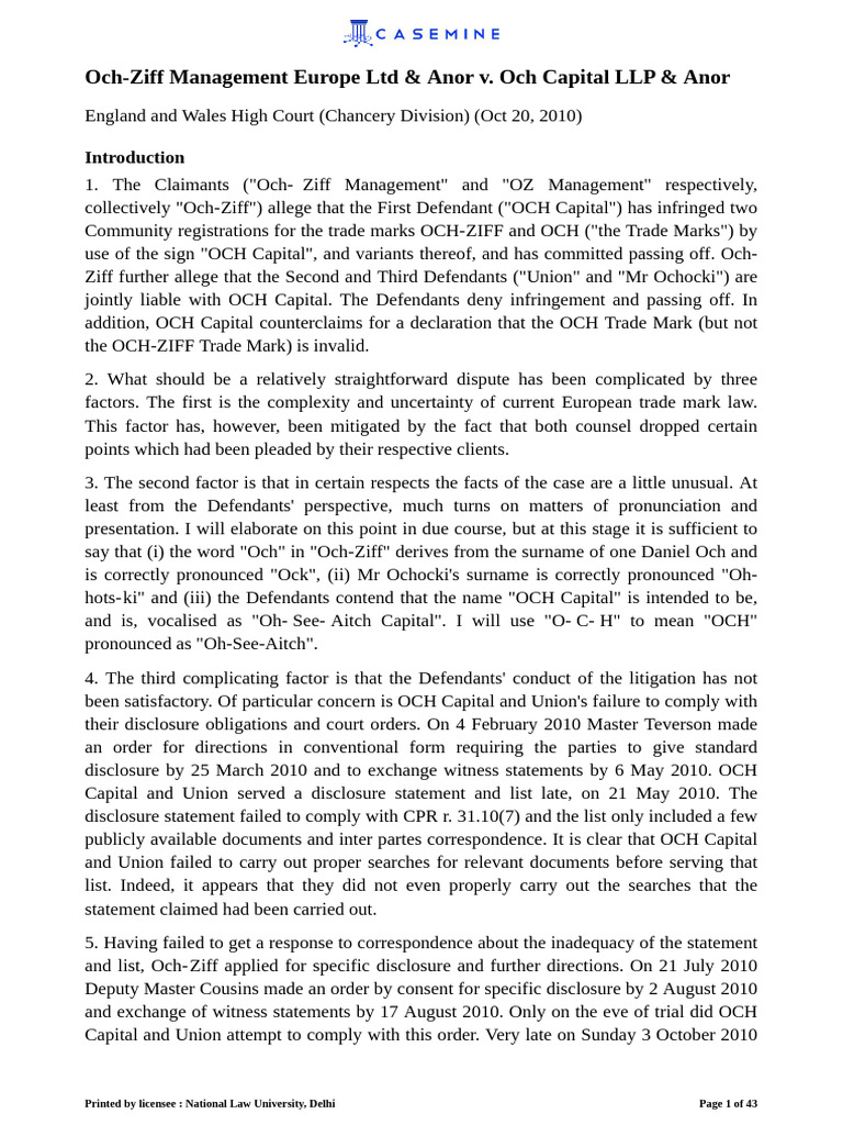 Sarth Resp Och-ZiManagementEuropeLtdvOchCapitalLLP | PDF | Trademark ...