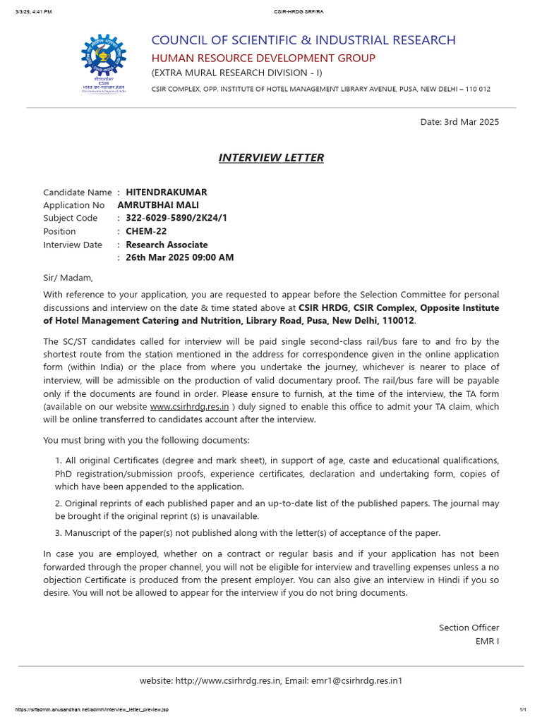 CSIR RA Interview Notification 2025 | PDF