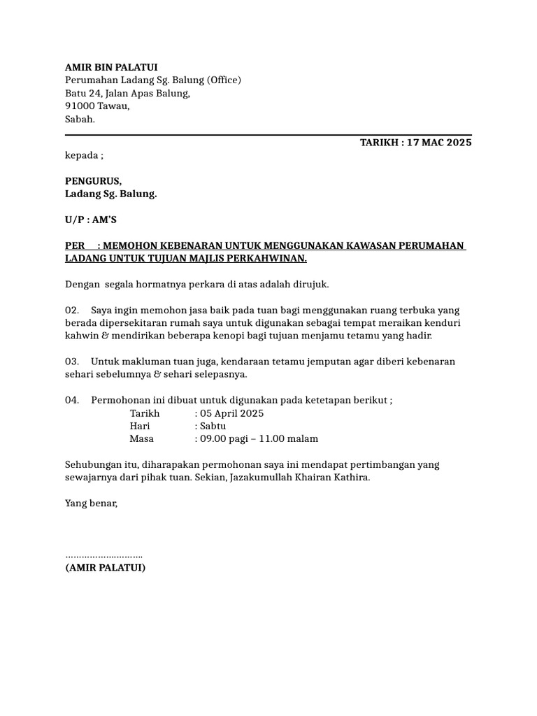 Permohonan Majlis Perkahwinan di Ladang | PDF