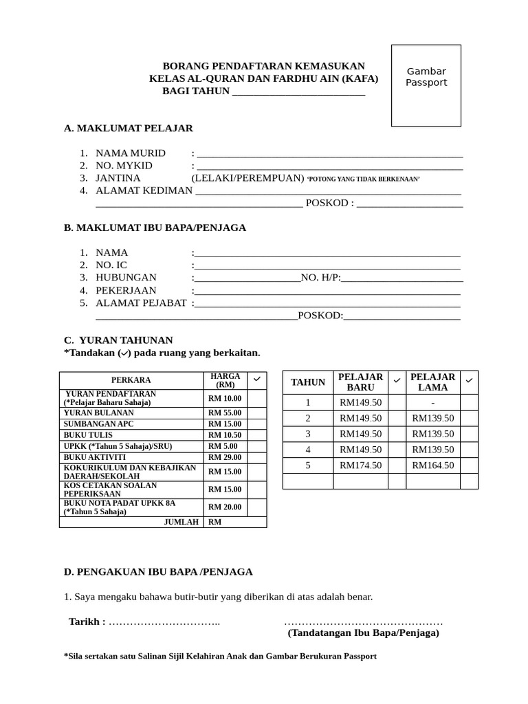Borang Pendaftaran Kemasukan Kafa Taman Sri Balung | PDF