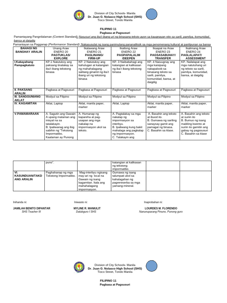 DLL Filipino 11 PAgbasa | PDF