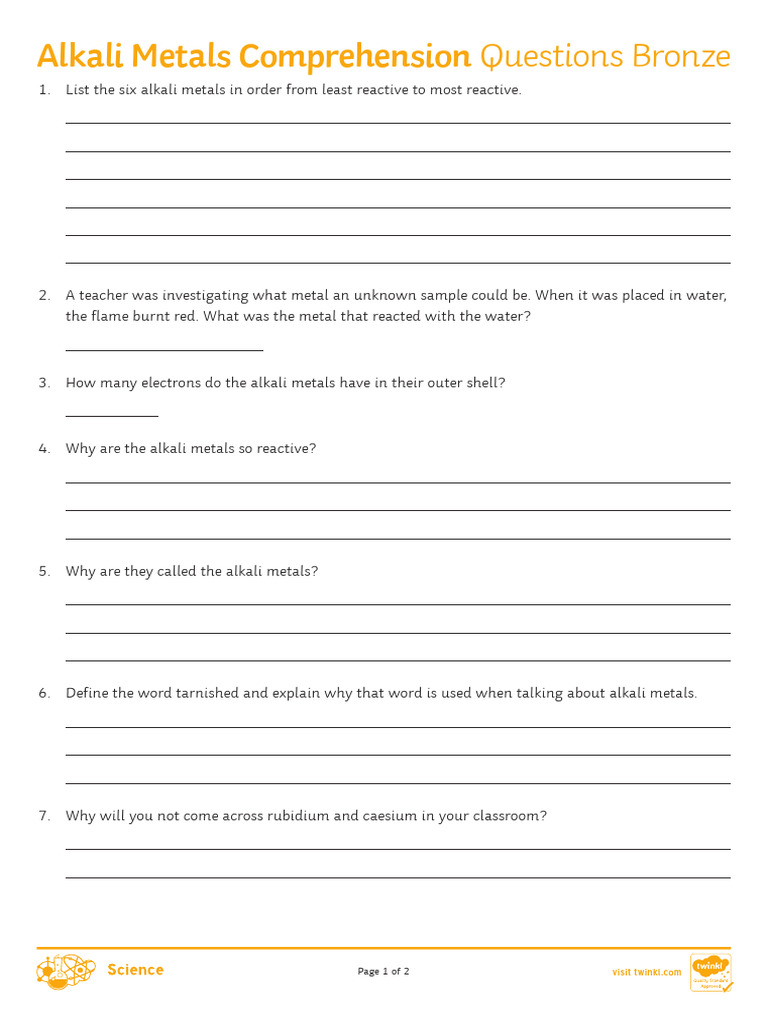 AQA ASPT L10 The Alkali Metals Bronze Comprehension Questions (1) | PDF ...